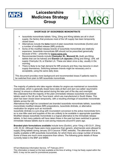 Shortage Of Isorbide Mononitrate Leicestershire Medicines