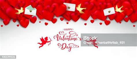 3d 현실 붉은 마음 핸드 레터링 문자 봉투 및 검은 배경에 새 Cupids 함께 발렌타인 데이 배경 벡터 일러스트 레이 션 3차원 형태에 대한 스톡 벡터 아트 및 기타