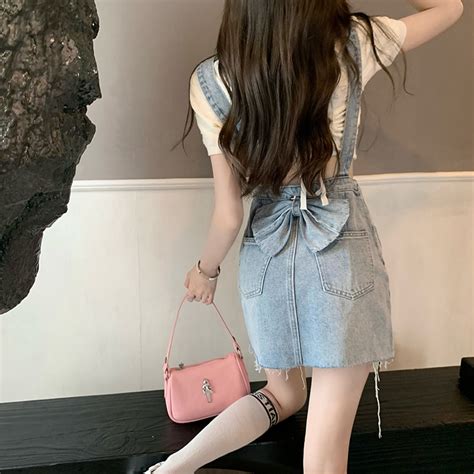 로이핏 백리본 멜빵 미니 청치마 원피스 러블리 서스펜더 뷔스티에 오버롤 드레스