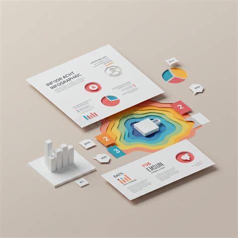 Infographic Layout Featuring 3d Paper Cutouts And Charts Includes Pie Charts Bar Stock