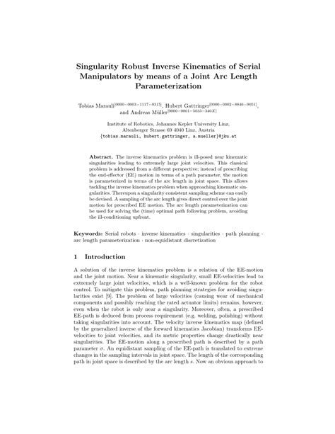 Pdf Singularity Robust Inverse Kinematics Of Serial Manipulators By