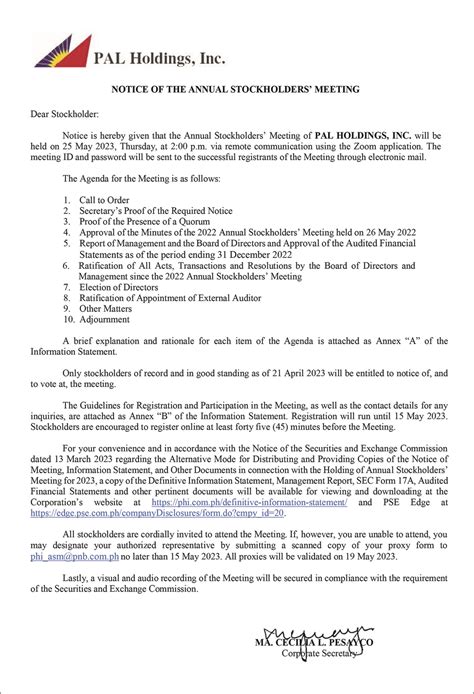 Pal Holdings Inc To Hold Annual Stockholders Meeting Via Remote