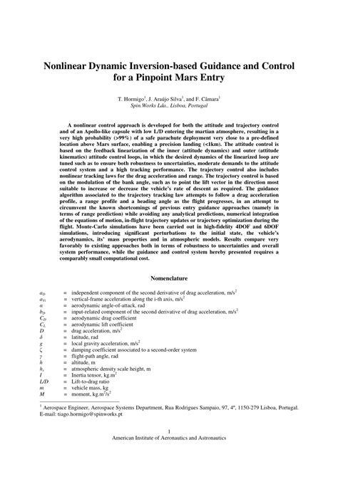 Pdf Nonlinear Dynamic Inversion Based Guidance And Control For A Pinpoint Mars Entry