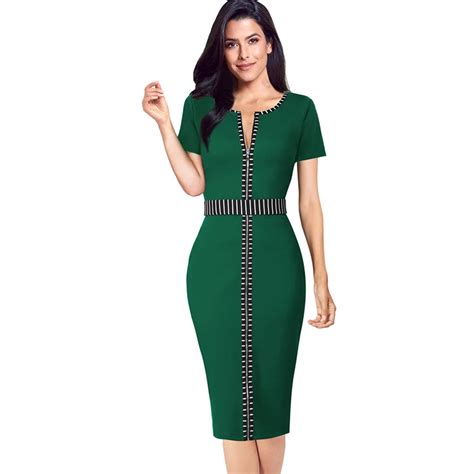 Vfemage Womens Elegant Front Zipper Contrast Belted Slim Work Office