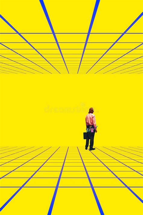 Modern Artwork Single Figure Walking Into Bright Geometric Grid Space