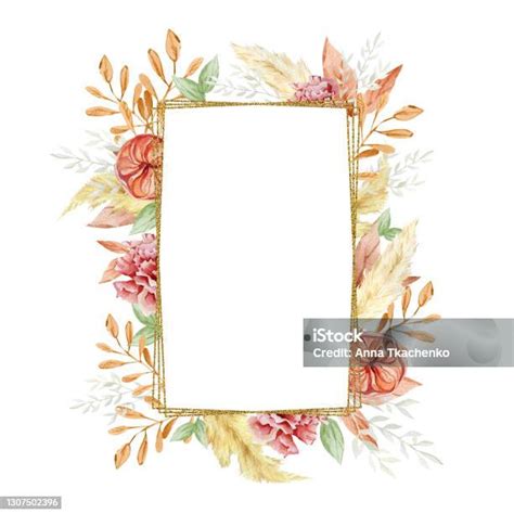 수채화 보호 프레임 팜파 잔디와 부르고뉴 꽃 배너 더스티 와일드 플로럴 가지 잎 단풍 가을 가을 웨딩 카드 신부 카드 10월에