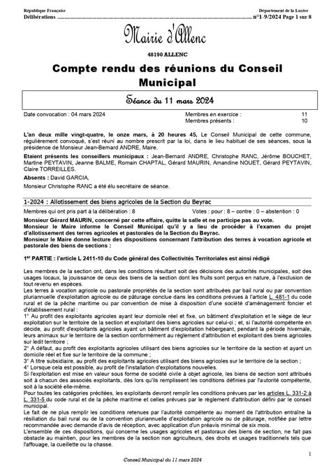 Allenc Commune d Allenc Mairie d Allenc en Lozère CR du Conseil