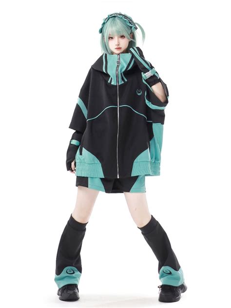 Blackandgreen Colorblock Design Zip Hoodie Jirai Kei Sweatshirt Outfits