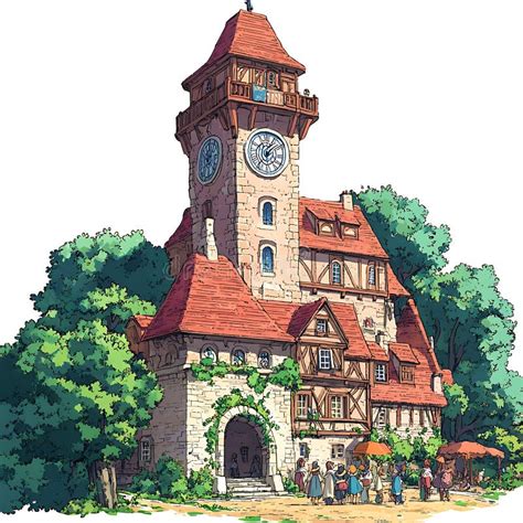 Medieval Town Hall With Clock Tower And Market Stock Illustration