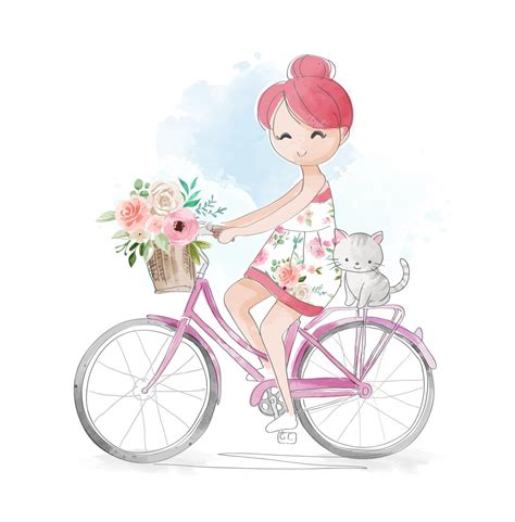 Chica Linda De La Historieta Con La Ilustración De Bicicleta Montando