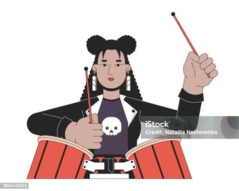 드럼을 연주하는 아프리카 계 미국인 여성 음악가 2d 선형 만화 캐릭터 2차 도형에 대한 스톡 벡터 아트 및 기타 이미지 2차 도형 가공의 인물 공연자 Istock