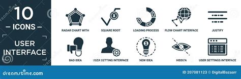 Filled User Interface Icon Set Contain Flat Radar Chart With Pentagon