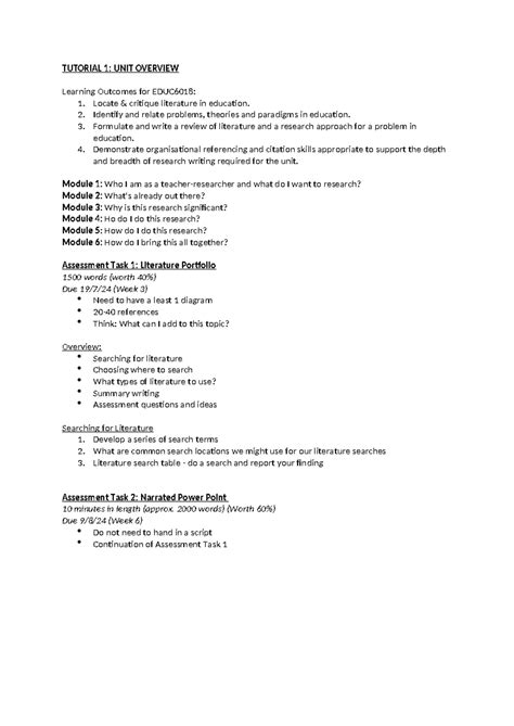 tutorial 1 unit overview tutorial 1 unit overview learning outcomes