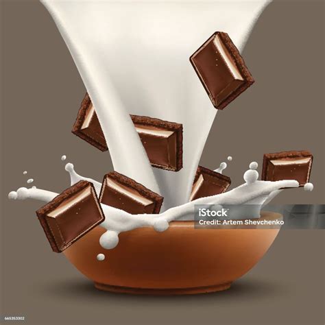 자연 유기농 우유 점토 그릇 떨어지는 다진 초콜릿 조각 및 큰 스플래시 쏟아져 고립 벡터 현실적인 그림 레이블 디자인 및 요구를 광고에 대 한 준비 0명에 대한 스톡 벡터