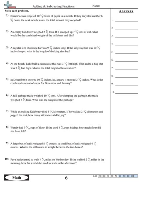 Adding And Subtracting Fractions Worksheets With Answer Key Common Core Subtraction Worksheets