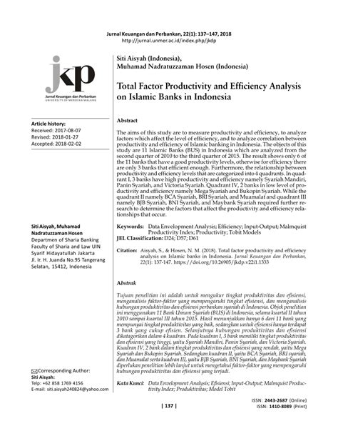 Pdf Total Factor Productivity And Efficiency Analysis On Islamic Banks In Indonesia