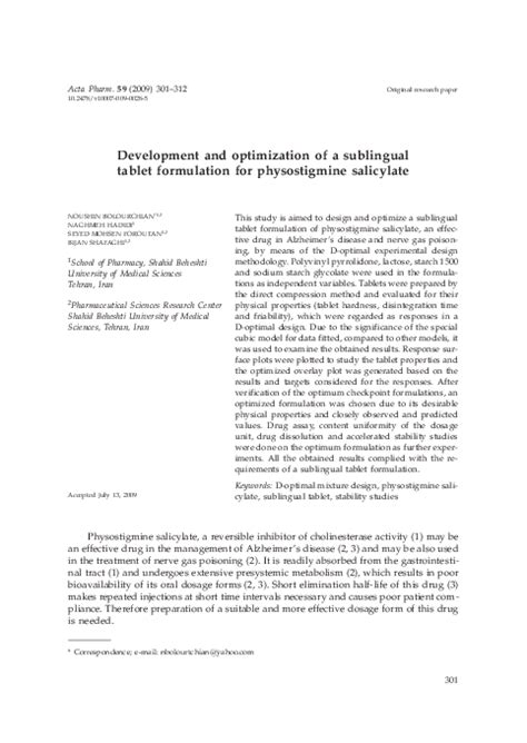 Pdf Development And Optimization Of A Sublingual Tablet Formulation For Physostigmine Salicylate