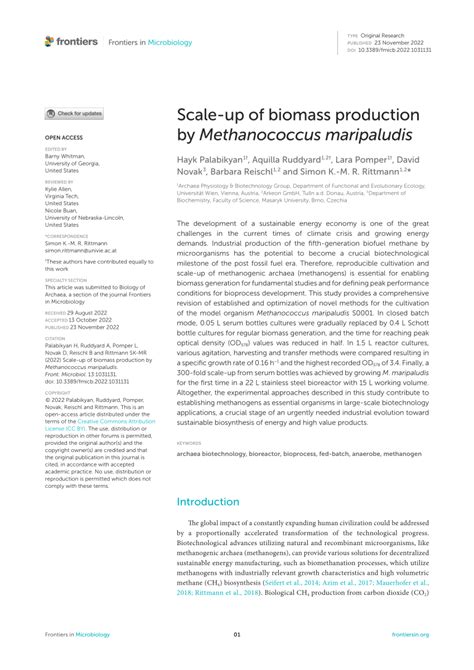 Pdf Scale Up Of Biomass Production By Methanococcus Maripaludis