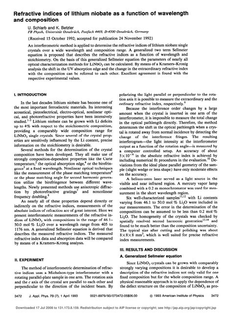 Pdf Refractive Indices Of Lithium Niobate As A Function Of Wavelength