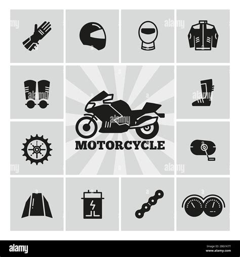 Moto Parts Motorcycle Accessories Silhouette Icons Set Gear For