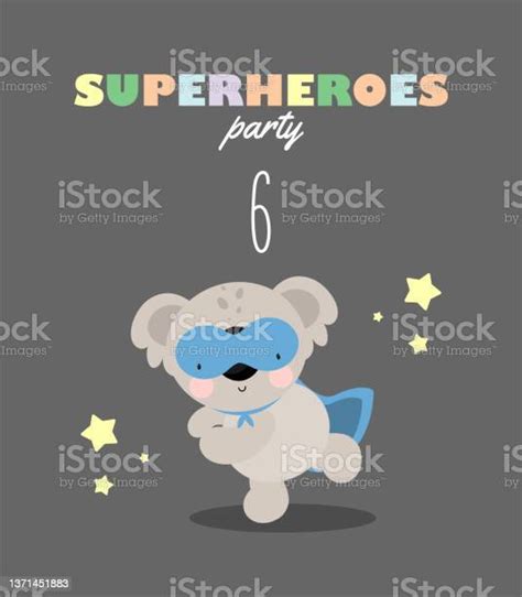 생일 파티 인사말 카드 파티 초대장 귀여운 코알라 슈퍼 히어로와 비문 여섯 아이 그림 만화 스타일의 벡터 일러스트레이션 0명에 대한 스톡 벡터 아트 및 기타 이미지 Istock