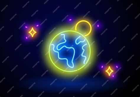 Premium Vector Planet Earth Neon Sign Shiny Planet Earth Silhouette On Dark Brick Wall Background