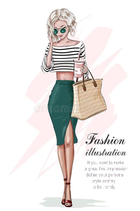 Stylish Blonde Girl In Fashion Clothes With Bag And Coffee Cup Hand