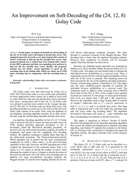 PDF An Improvement On Soft Decoding Of The 24 12 8 Golay Code