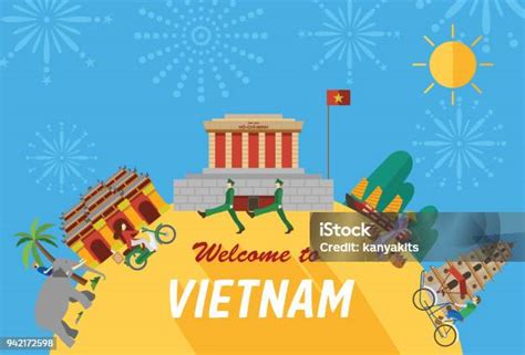 평면 디자인 베트남 랜드마크와 아이콘 벡터 일러스트 레이 션 호치민 시에 대한 스톡 벡터 아트 및 기타 이미지 호치민 시