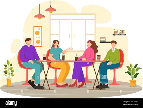 Double Date Vector Illustration With Two Couples Who Were Eating And