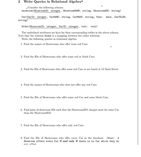 Solved 2 Write Queries In Relational Algebra Consider The