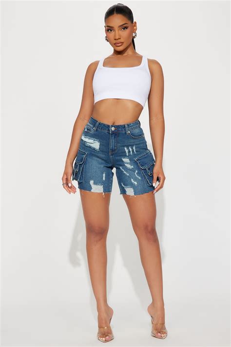 Find A Way Stretch Cargo Denim Shorts Dark Wash Fashion Nova