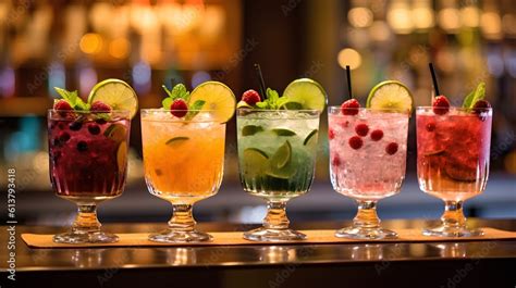 ภาพประกอบสต็อก Selection Of Colorful Mocktails Non Alcoholic Beverages