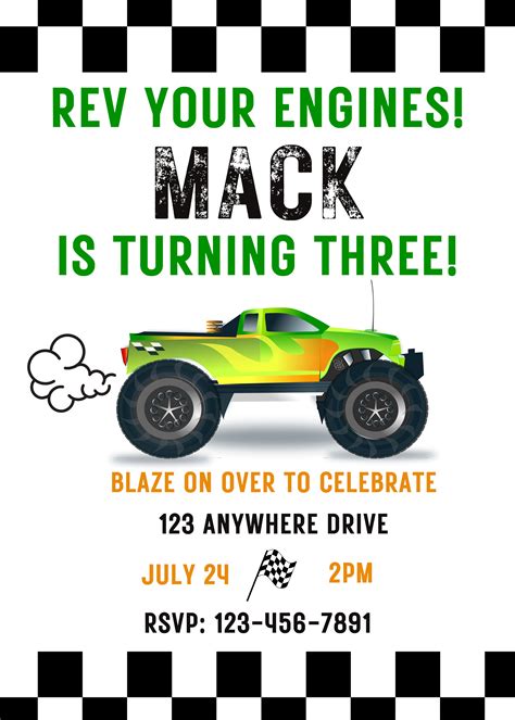 Rev Your Engines Blaze On Over Monster Truck Machine Birthday Party Invite Digital