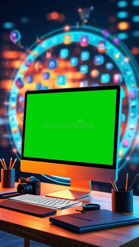 Modern Sleek Computer Setup With Vibrant Display On Wooden Desk Stock Illustration