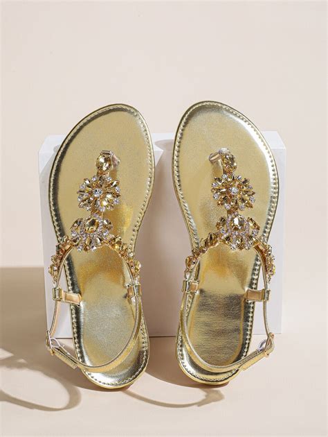 Women Metallic Rhinestone Decor Toe Post Flat Sandals Glamorous Thong Sandals For Summer