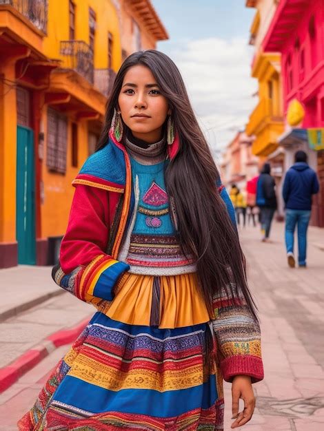 Joven Boliviana Con Pelo Largo Y Ropa Típica Foto Premium