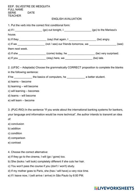 1ª Conditional Worksheet Live Worksheets