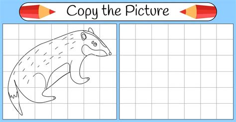 오소리를 그리는 방법 그리드 학습 무승부를 단계별로 사용하는 방법 그림 자습서 아이들을 위한 수업 책 색칠 페이지 어린이 교육 미술 페이지 벡터 그림 프리미엄 벡터