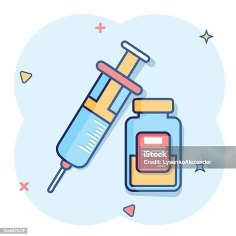 ไอคอนเข็มฉีดยาในสไตล์การ์ตูน วัคซีนโคโรนาไวรัสฉีดภาพประกอบเวกเตอร์การ์ตูนบนพื้นหลังที่ ภาพประกอบ