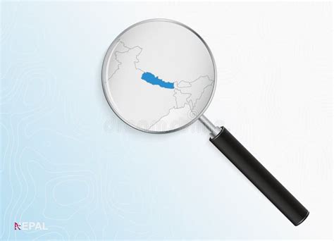 Magnifier With Map Of Nepal On Abstract Topographic Background Stock