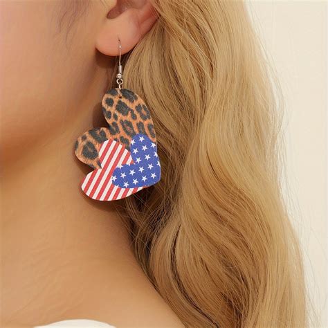 Heart Shape American Flag Leopard Pattern Dangle Earrings Temu United