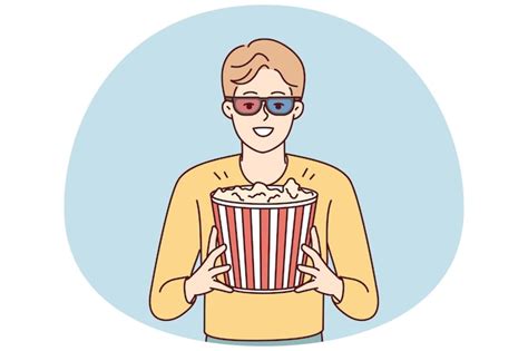 3d 안경과 손에 팝콘을 쓴 행복한 젊은이가 영화관에서 주말을 즐긴다 프리미엄 벡터