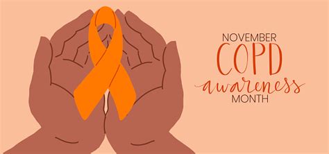 Copd 만성 폐쇄성 폐 질환 인식 월 Novermber 필기 편지 주황색 지원 리본 기호를 들고 있는 인간의 손 웹 배너 벡터