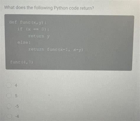 Solved What Does The Following Python Code Return Def Func Chegg