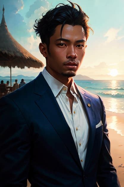 Premium Ai Image A Man In A Suit Stands On A Beach With A Sunset In
