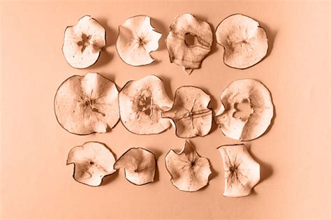 복숭아 솜털 색상 2024 년의 트렌디 한 색상의 배경 위에 말린 사과 칩 0명에 대한 스톡 사진 및 기타 이미지 0명