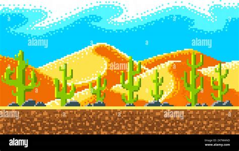 Cacti And Mountains In The Desert Pixel Art 8 Bit Objects Landscape