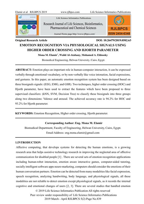 Pdf Emotion Recognition Via Physiological Signals Using Higher Order