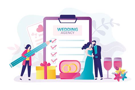 주최자 노트 체크리스트에서 완료된 사례입니다 웨딩 드레스 정장에 신부와 신랑 개념에 대한 스톡 벡터 아트 및 기타 이미지